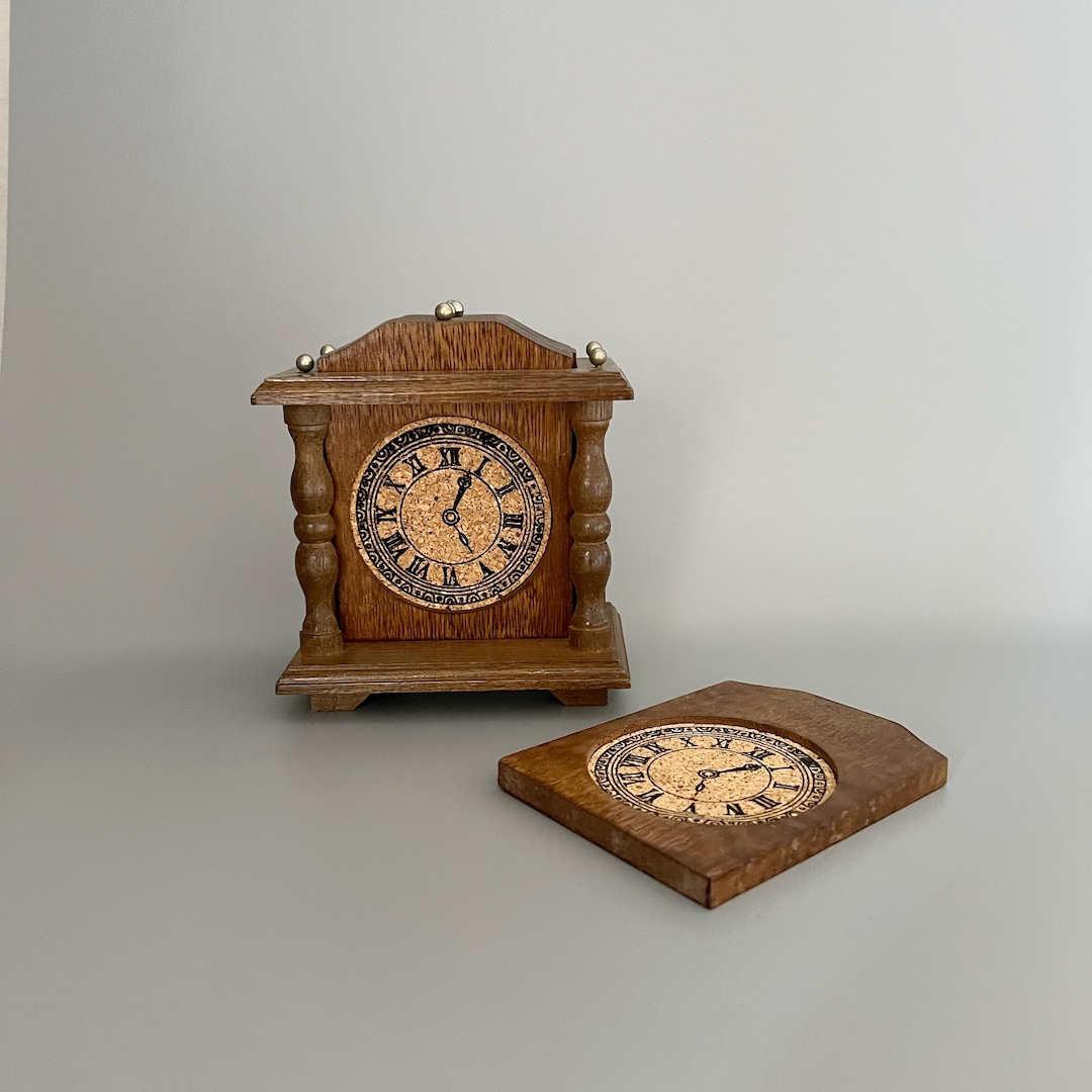 Clock Face Motif Coasters Set of 6 - Country Style Dark Wood Cork Brass ...