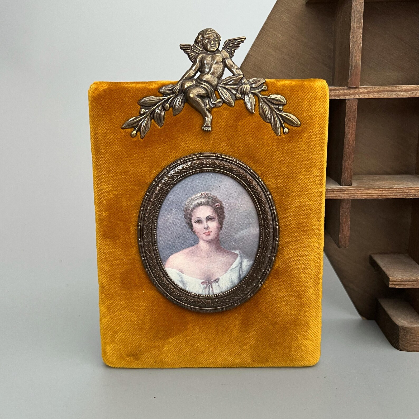 Antique Victorian Photo Frame Decorated With Yellow Velvet and Brass ...