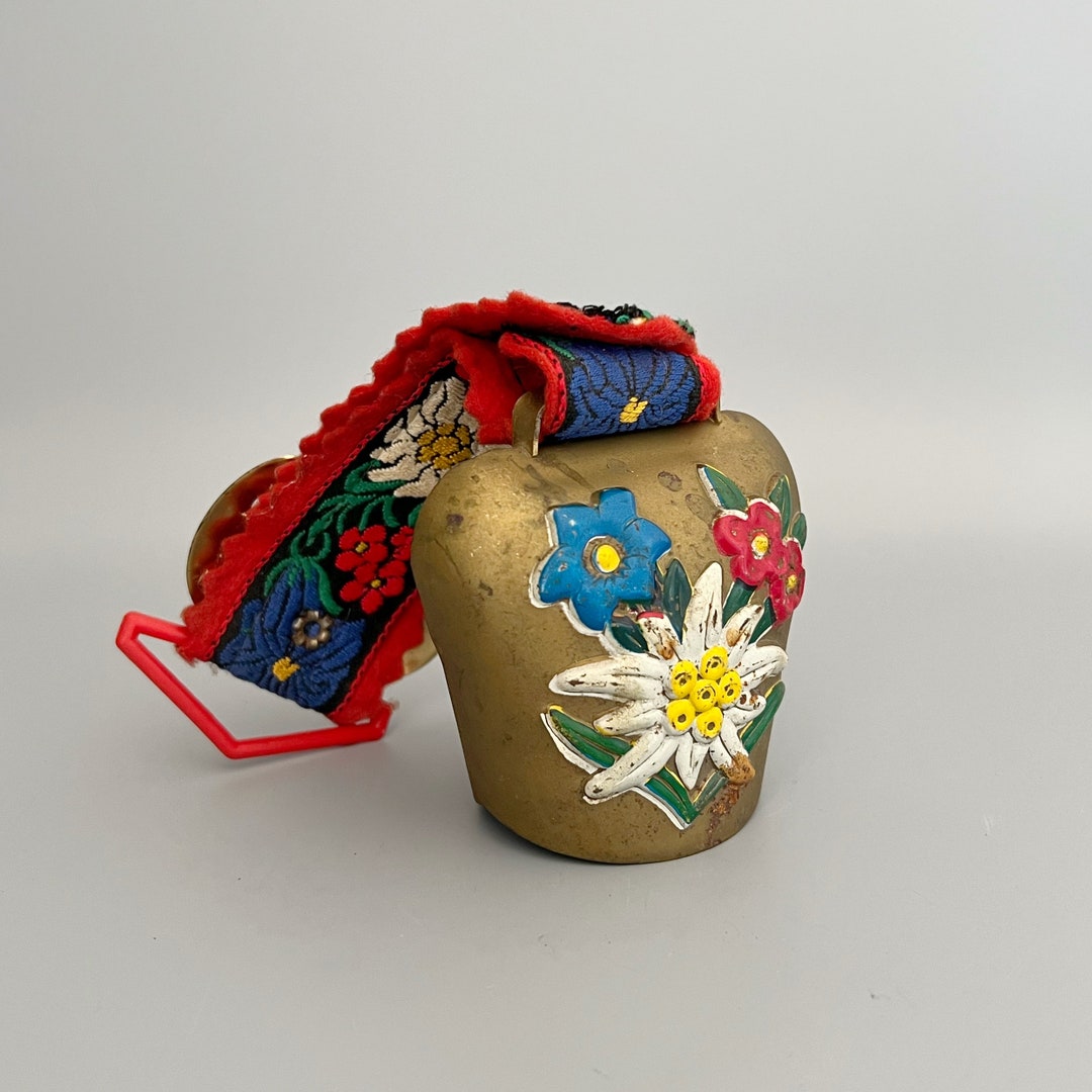 Brass Cowbell Alpine Flowers Edelweiss Gentian Almrausch Rustic Vintage ...