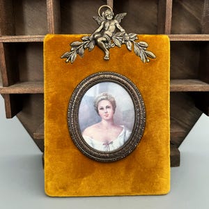 Antique Victorian Photo Frame Decorated With Yellow Velvet and Brass ...