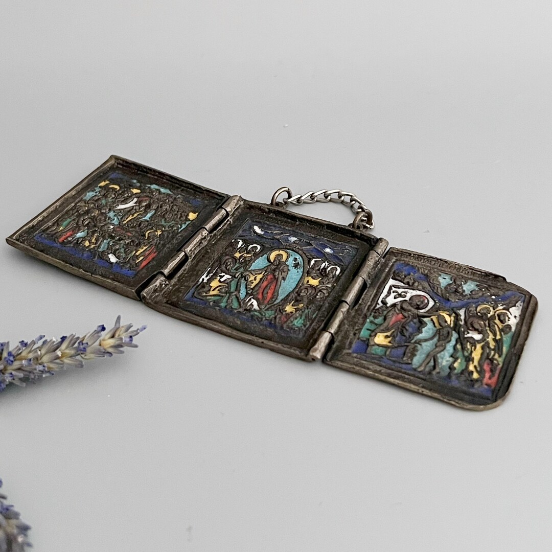 Antique Orthodox Triptych Icon Folding Brass Enamel Travel Pocket Altar Vintage Antique Orthodox ...