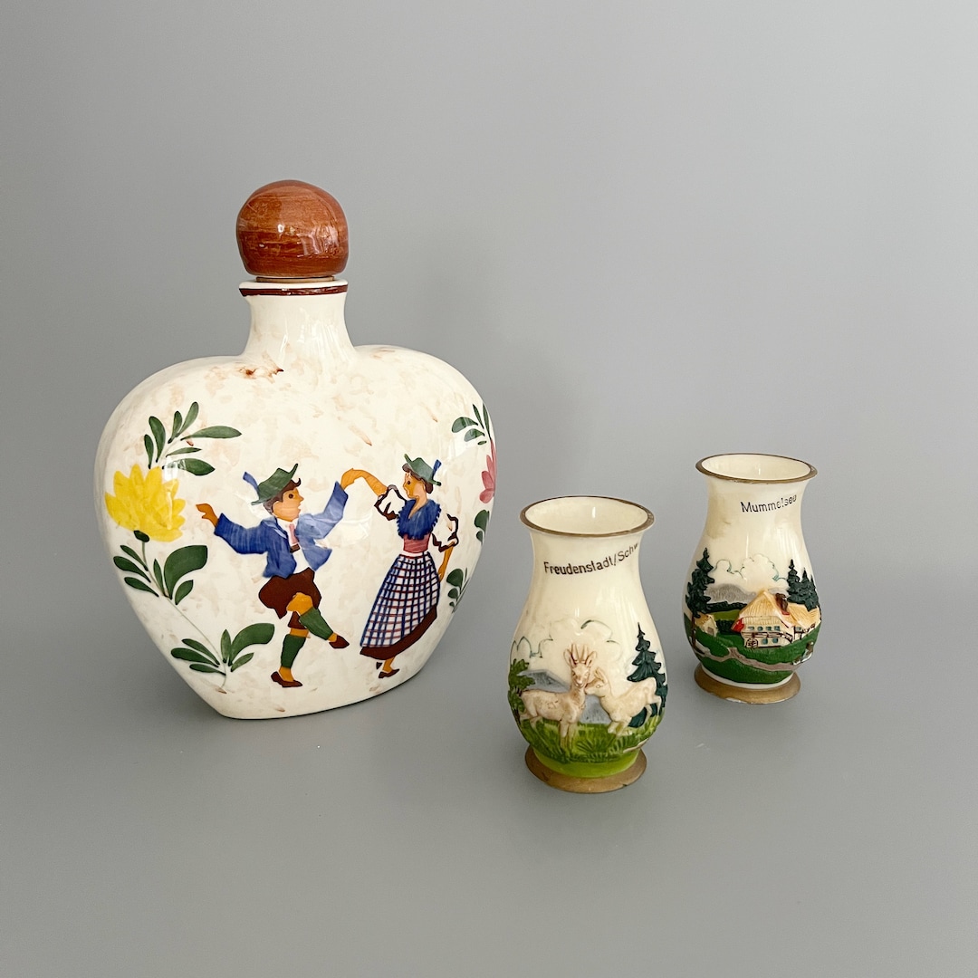 German Folk Art Ceramic Liquor Bottle With 2 Black Forest Liquor Cups ...