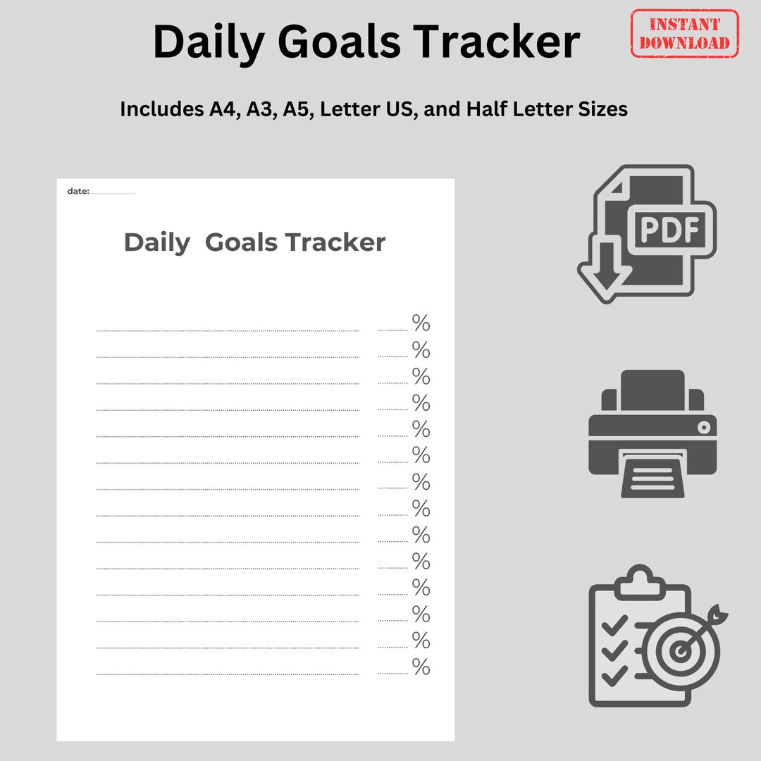 Daily Goals Tracker Printable Digital Template Downloadable ...