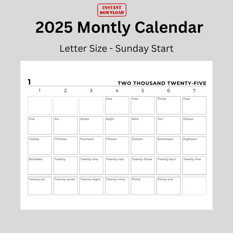 2025 Printable Calendar in Letters | US Letter Size | Simple PDF Design ...