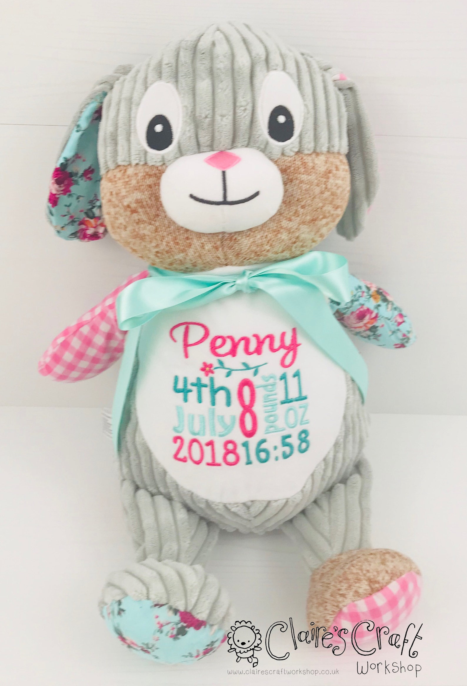 Personalised Embroidered Cubbie Sensory Bunny Teddy in Pink or - Etsy UK