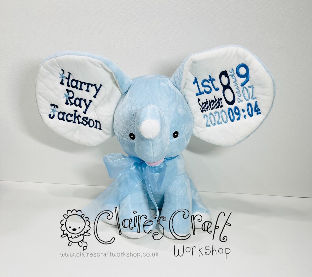 Personalised Embroidered Cubbie Dumble Elephant in Blue With Birth Square, for Births, Birthday ...