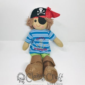 Personalised Pirate Rag Doll With Name Embroidered - Fabric, Birthday ...