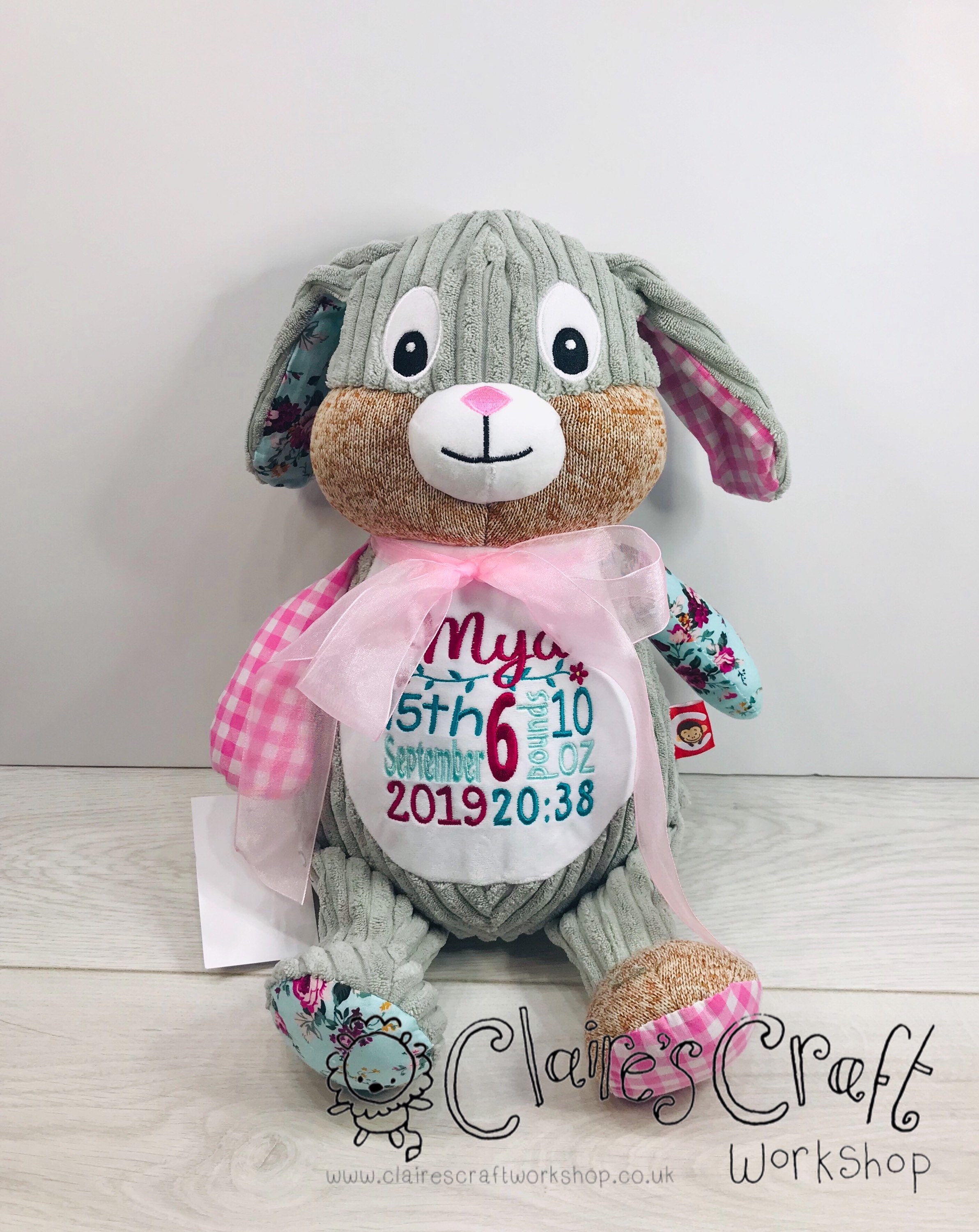 Personalised Embroidered Cubbie Sensory Bunny Teddy in Pink or | Etsy UK