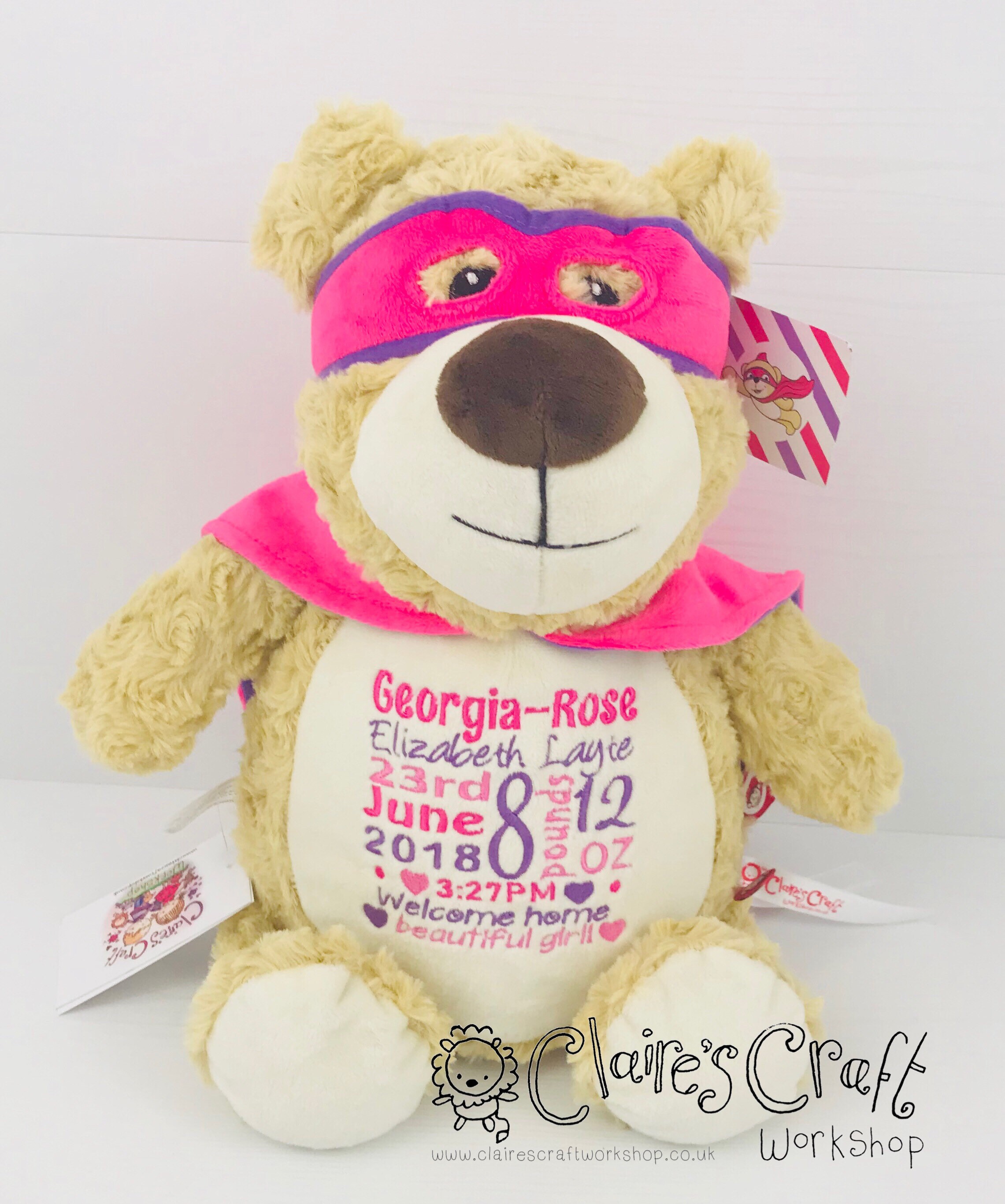 Personalised Embroidered Cubbie Pink Hero Bear with Birth - Etsy.de