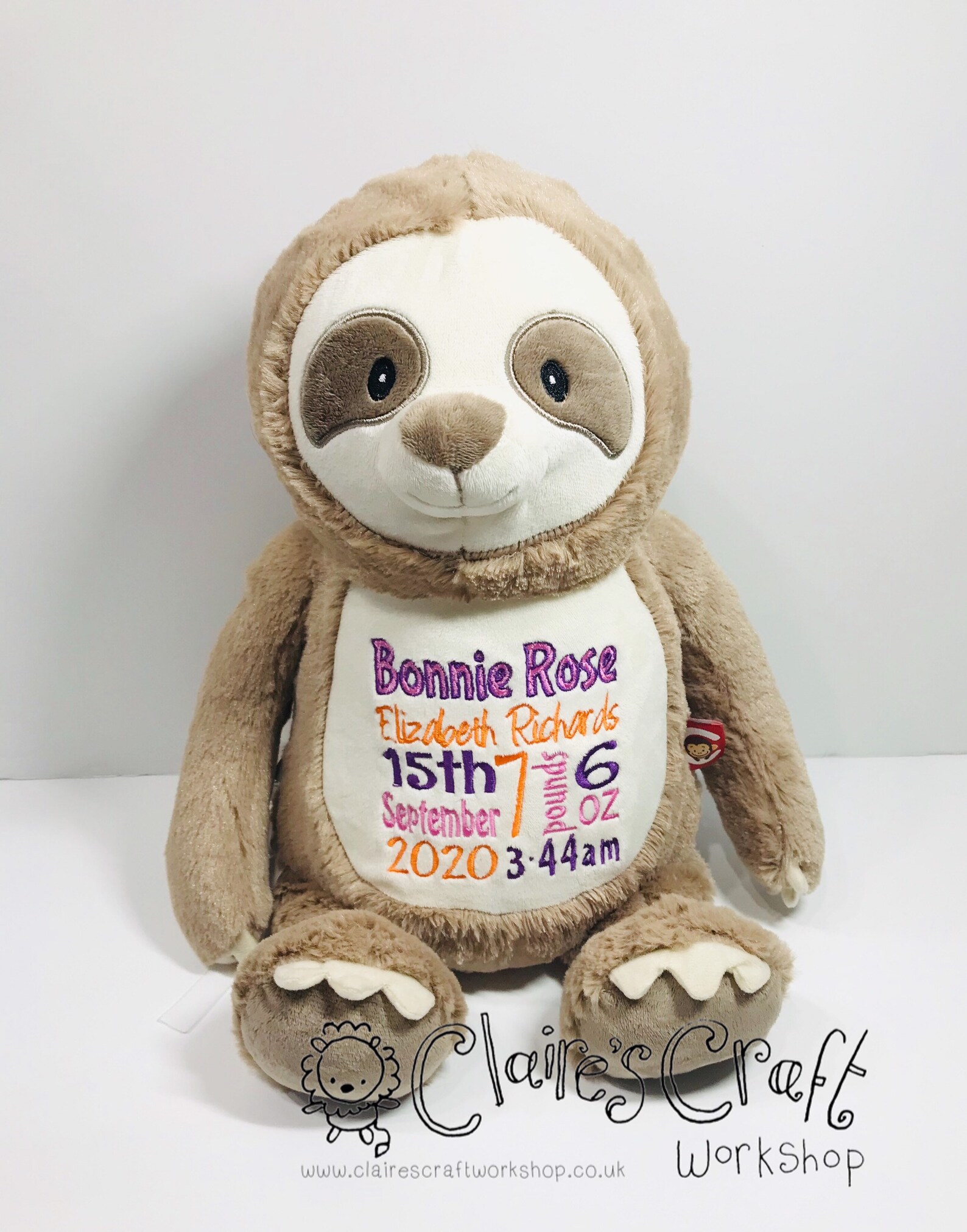 Personalised Embroidered Sloth Teddy From Cubbies With Bespoke - Etsy UK