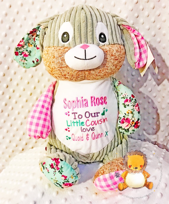Personalised Embroidered Cubbie Sensory Bunny Teddy in Pink or | Etsy UK