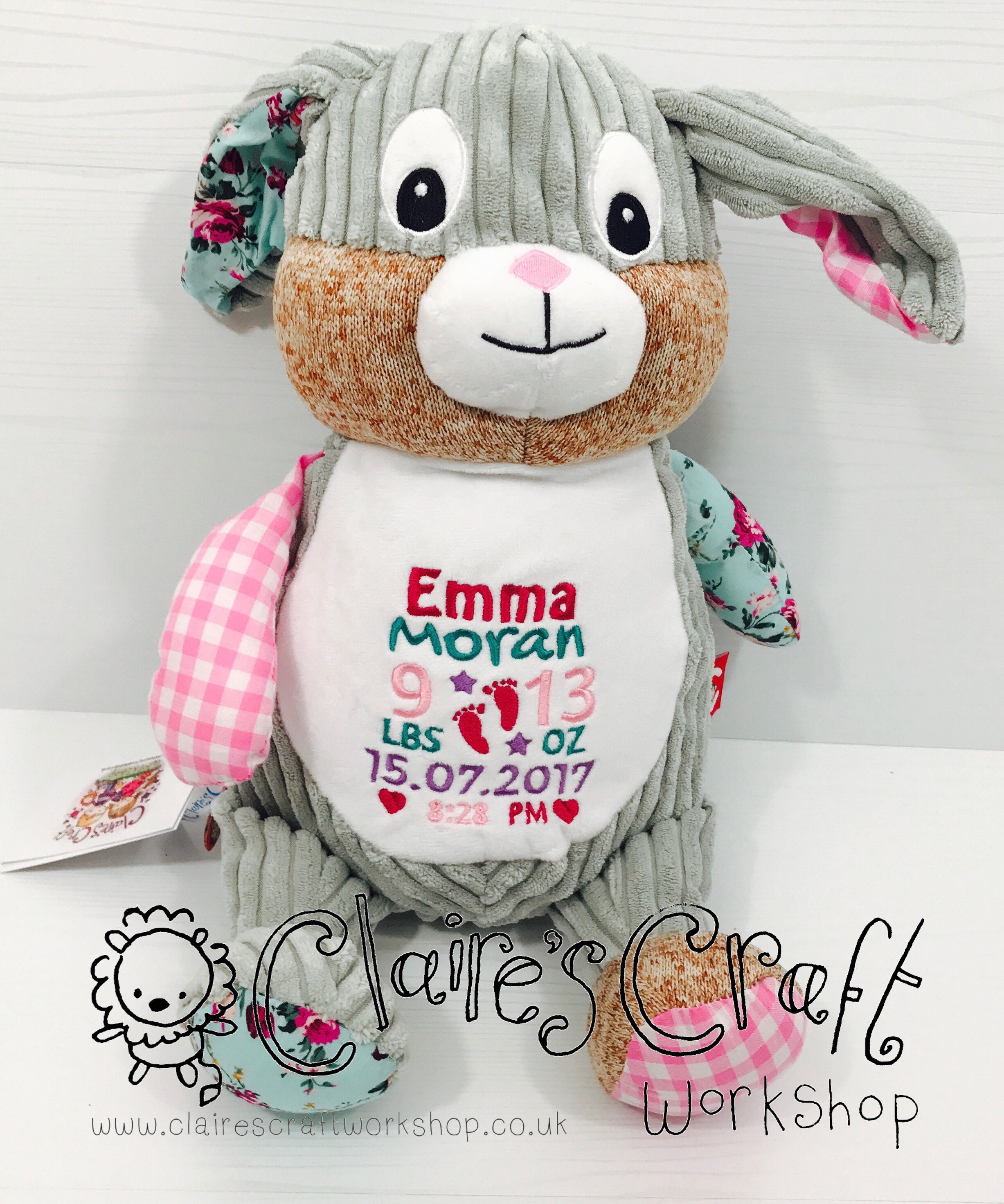 Personalised Embroidered Cubbie Sensory Bunny Teddy in Pink or Blue ...