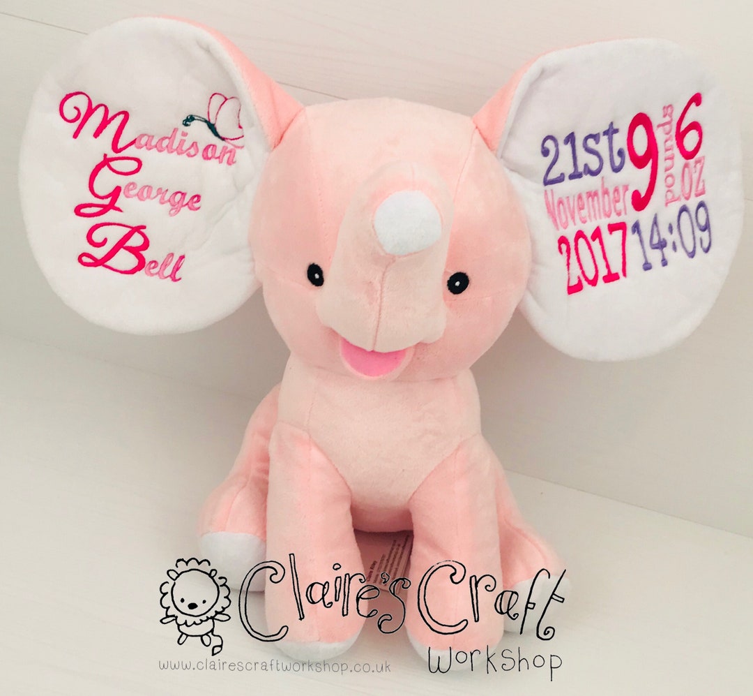 Personalised Embroidered Cubbie Dumble Elephant in Pink With Birth Square, for Births, Birthday ...