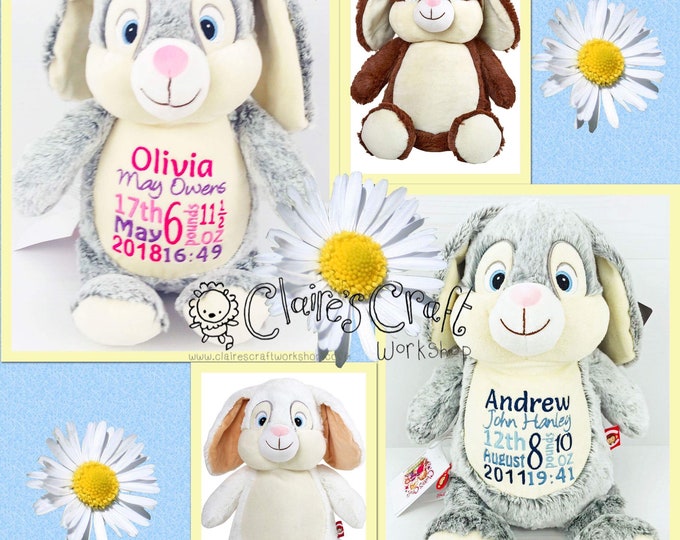 Personalised Embroidered Cubbie Bunny Teddy in Gray, White or Brown ...