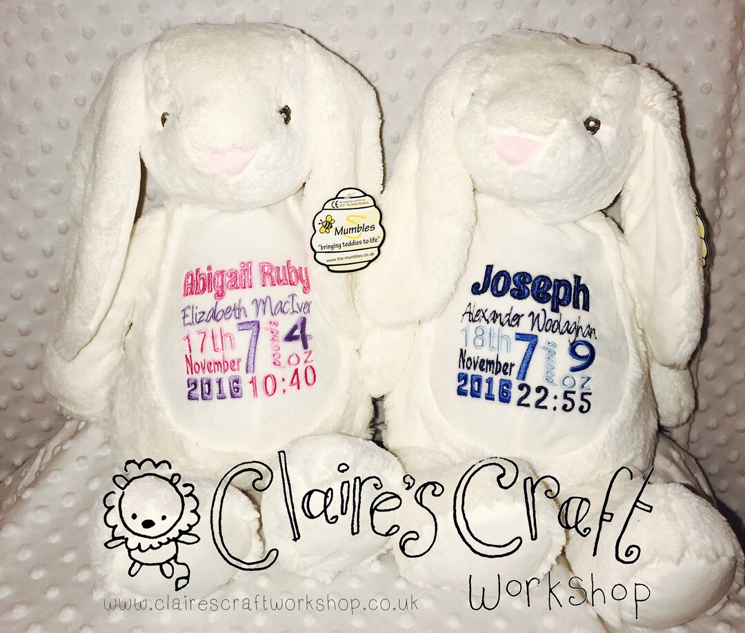Personalised Embroidered Mumbles Bunny Teddy With Birth Square, for ...