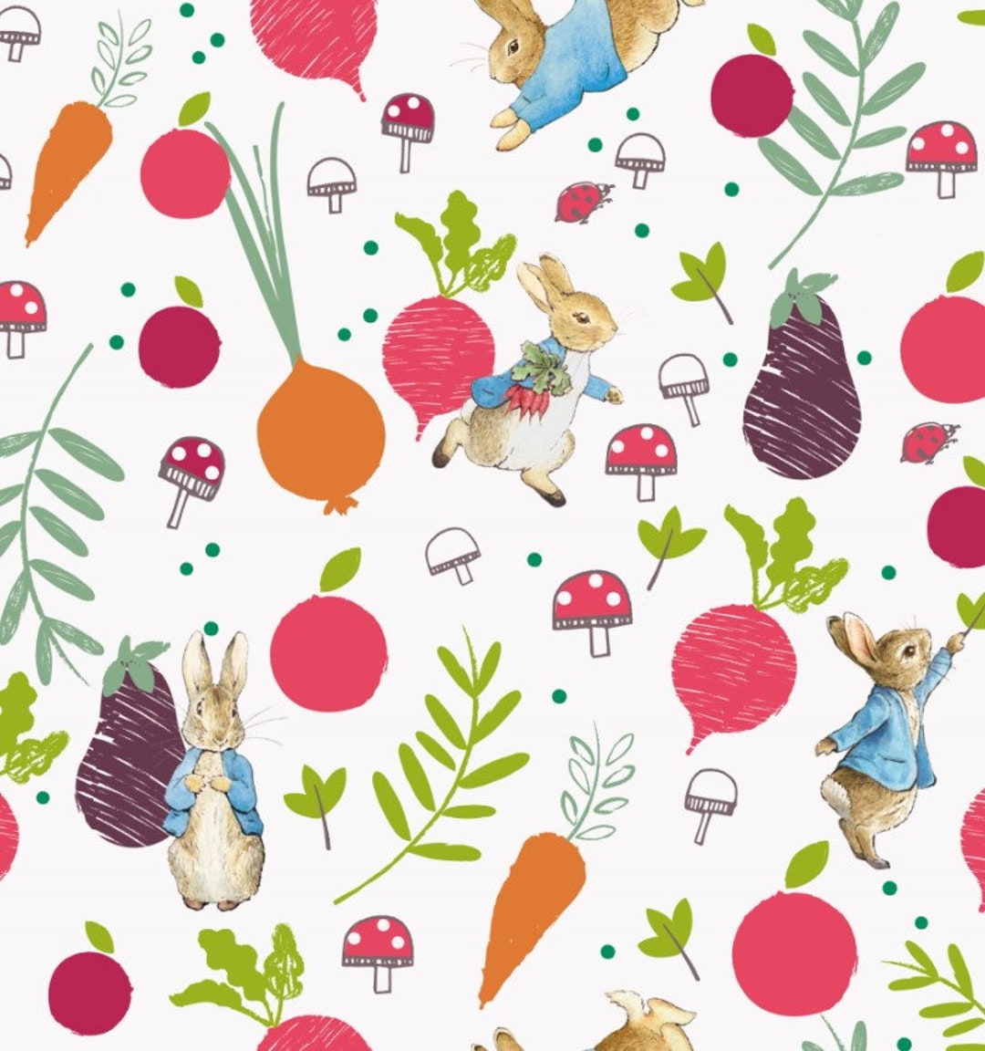 Peter Rabbit Vegetable Garden on White 100% Cotton Fabric - Fat Quarter ...