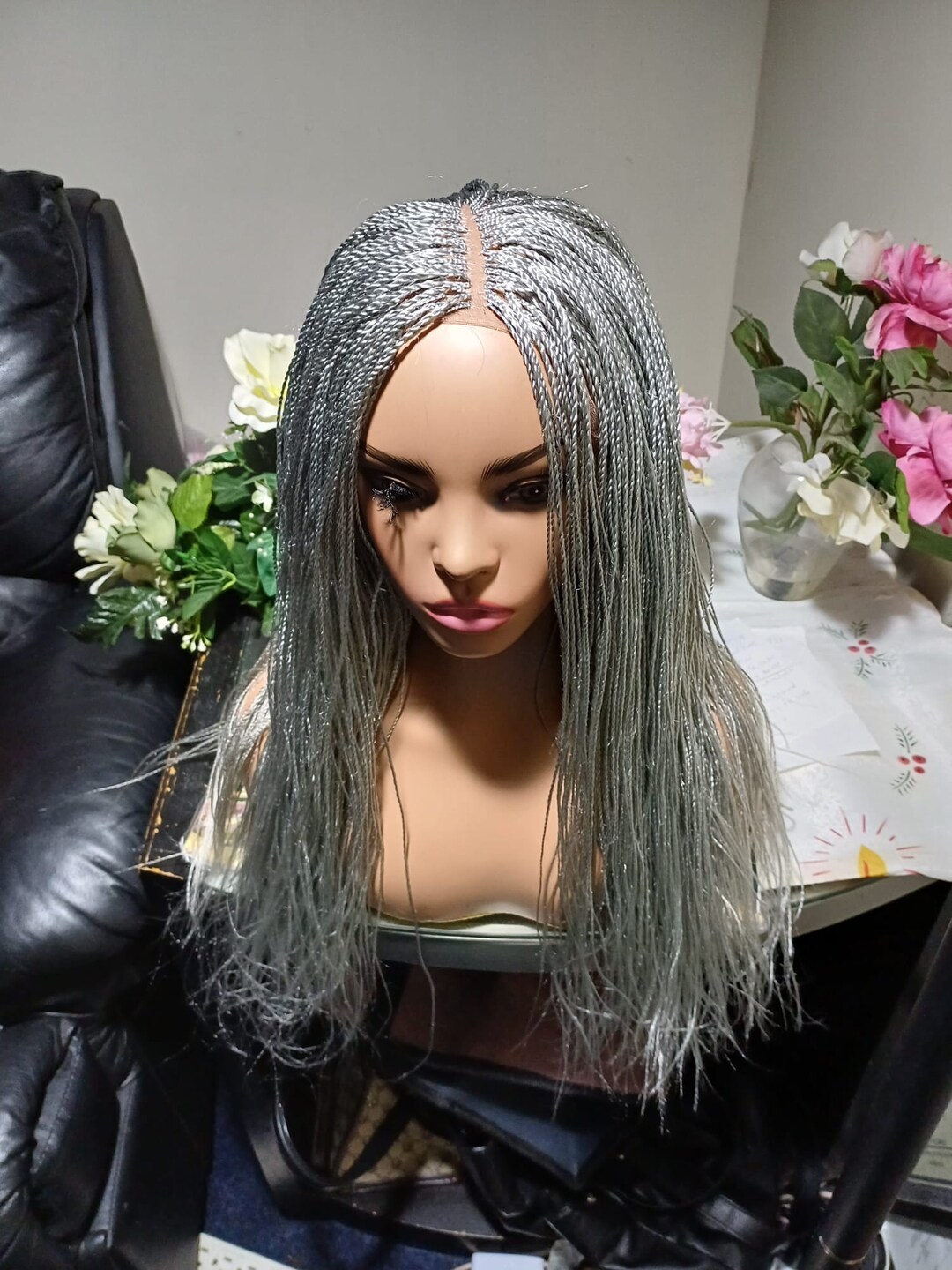 Solid Gray Braid Wig, Two Strand Twists, 16 Inches, Lace Closure, Ready ...