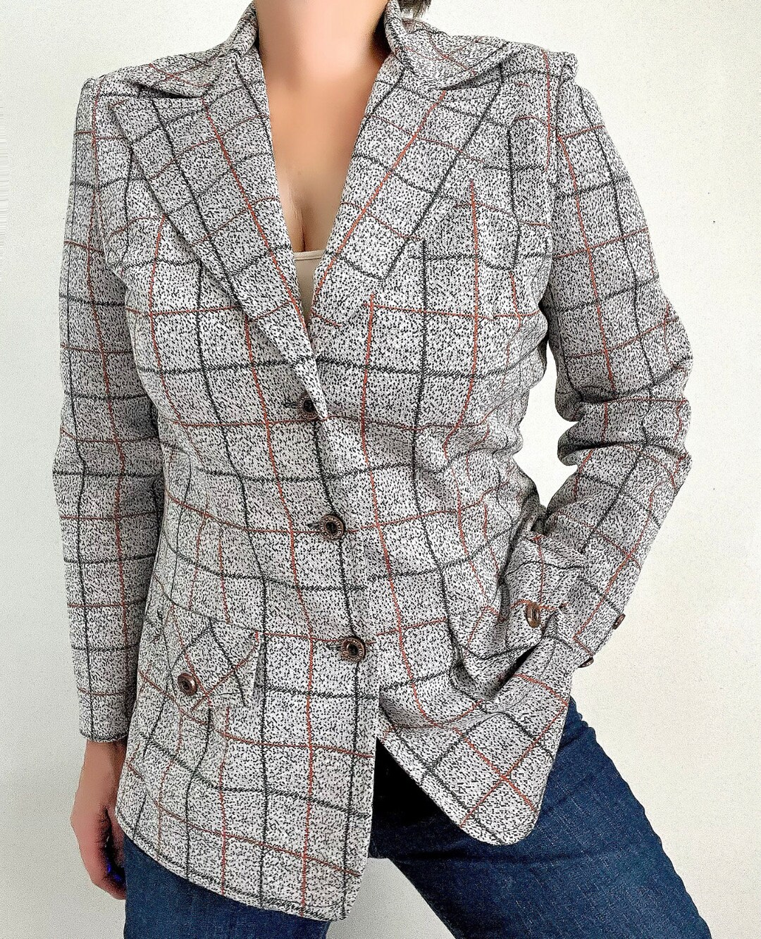 Gorgeous Vintage 70s Grey Checked Blazer Jacket Year Around Blazer, 70s ...