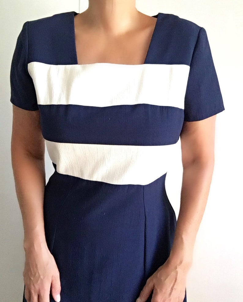 Vintage Navy Blue Ecru Color Block Dress Vintage Striped - Etsy