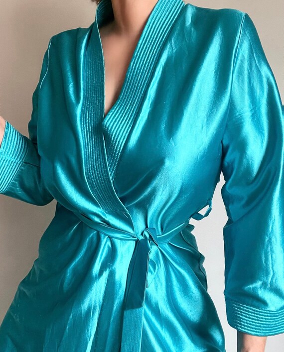 Vintage 80s Emerald Green Satin Night Robe doing 50s … - Gem