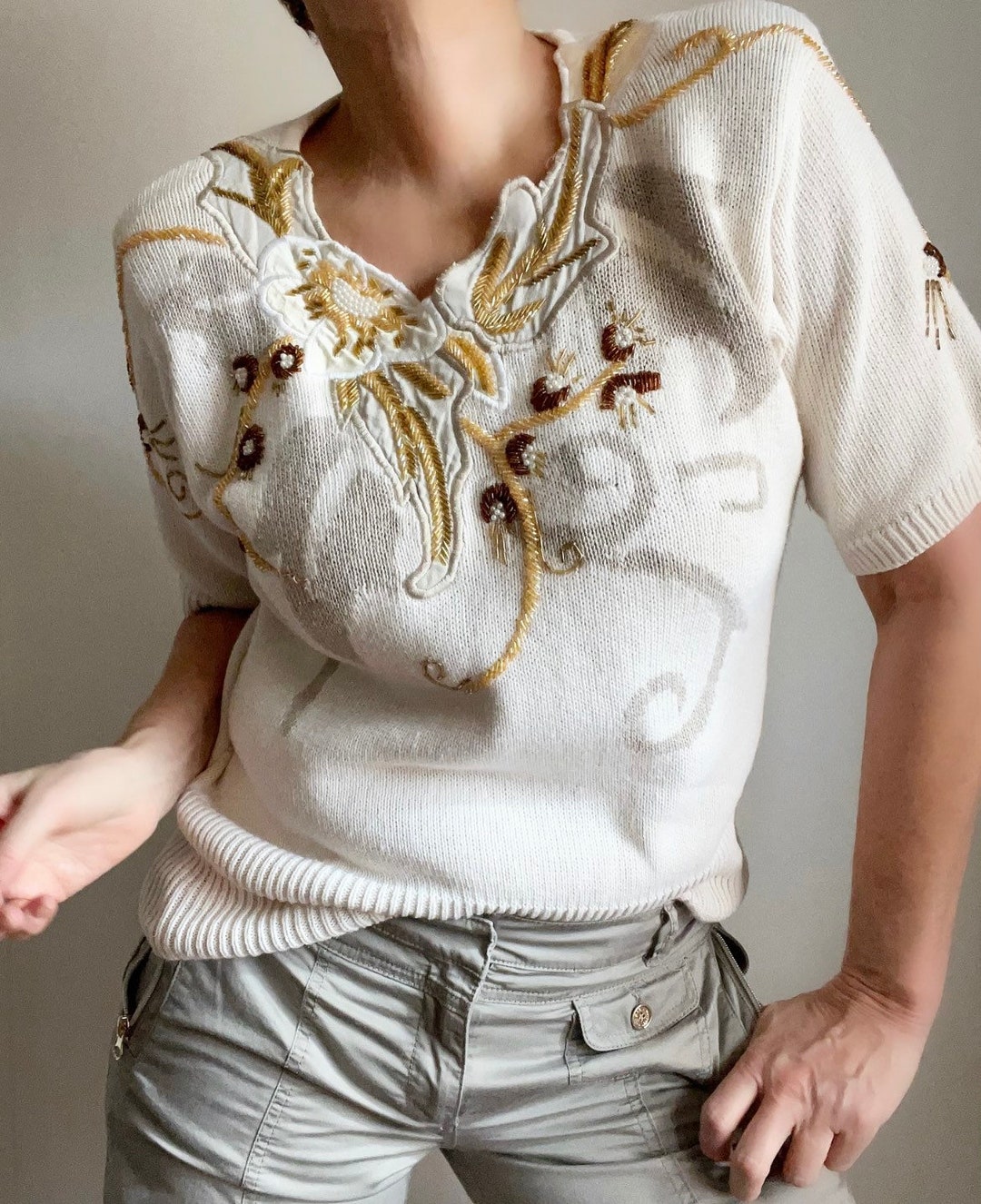Amazing Vintage off White Knit Sweater Embroidered, Vintage Sequined ...