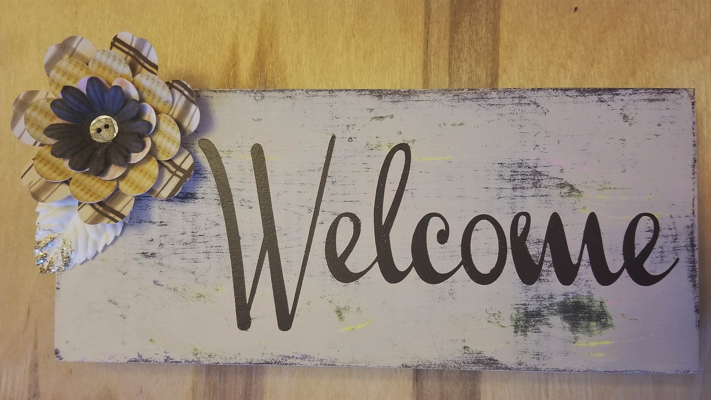 Welcome Wooden Sign Gift Handmade Beige Brown Tan Fabric Paper Flowers ...