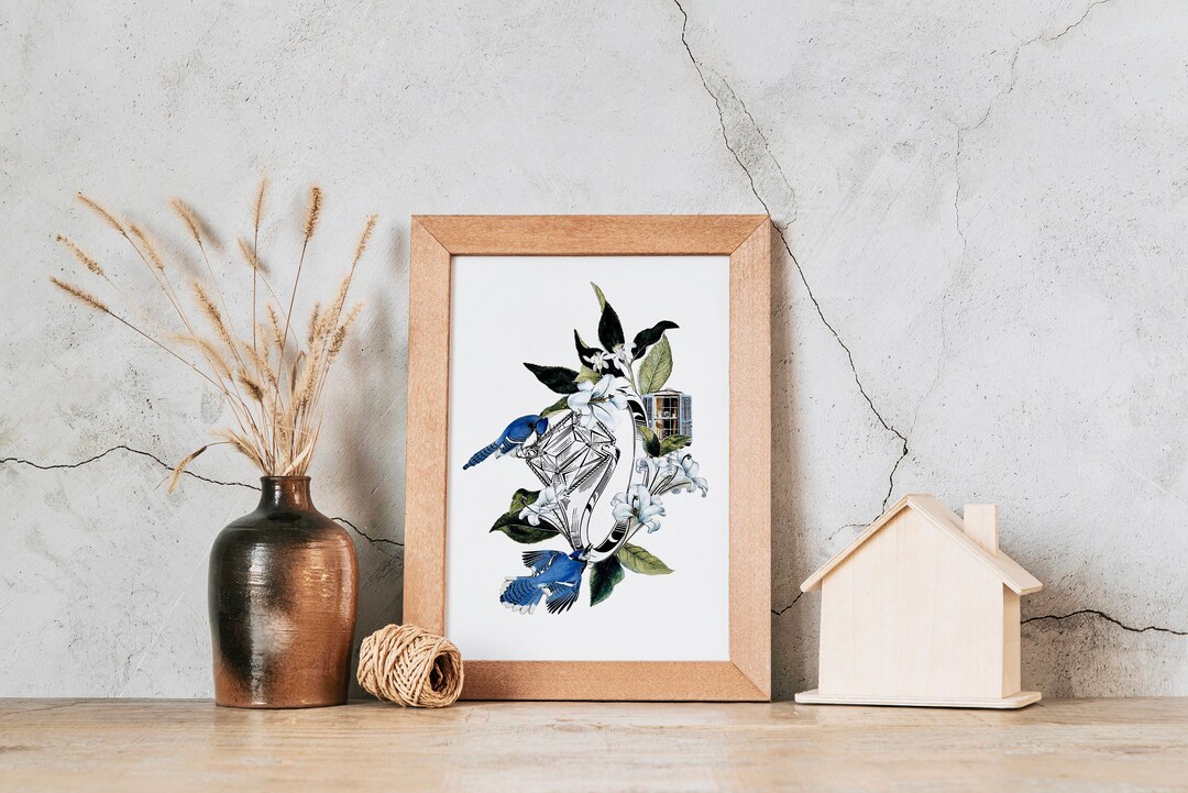Blue Jay Love Birds Upcycling, Collage Art, Botanical, Vintage, Blue ...