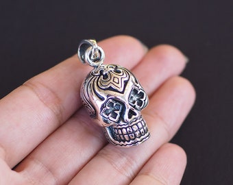 Sugar Skull With Key Pendant Day of Death Charm Sterling | Etsy