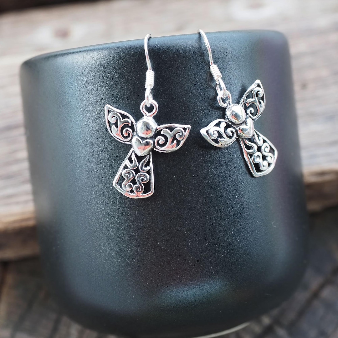 Sterling Silver Angel Earrings, Guardian Angel Dangle Earrings ...