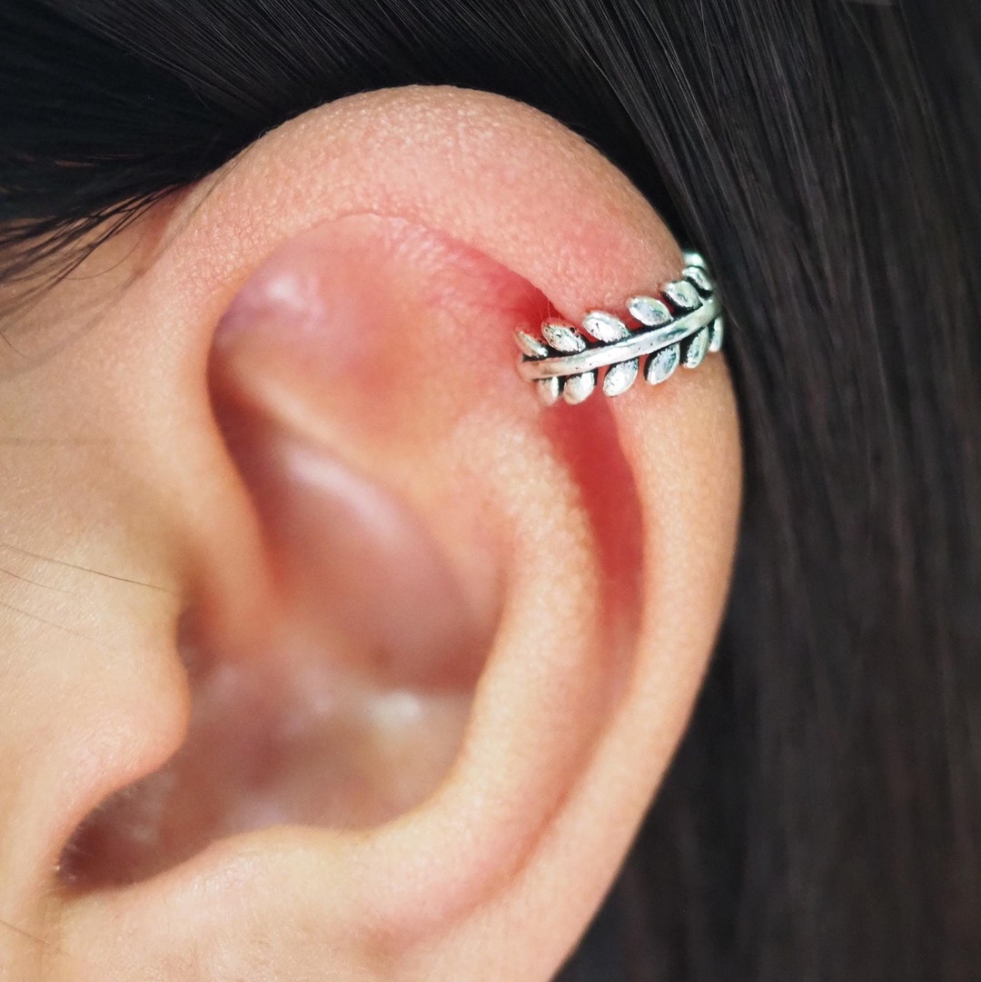 Olive Cartilage Ear Cuff Earrings, Leaf Vine Ear Cuff, Sterling Silver Ear Crawler, Fake ...