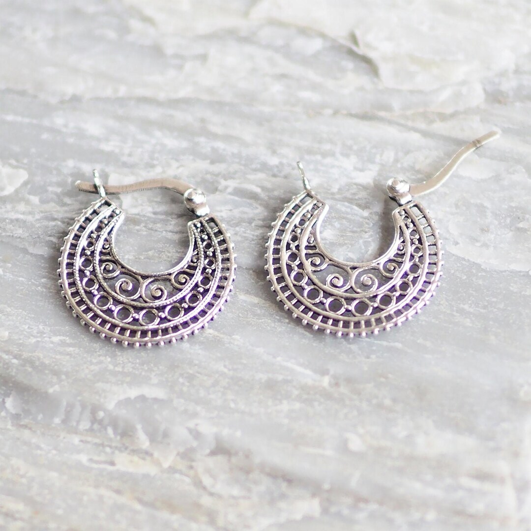 Vintage Perforated Boho Hoop Earrings, Bali Hinged Hoop Earrings ...