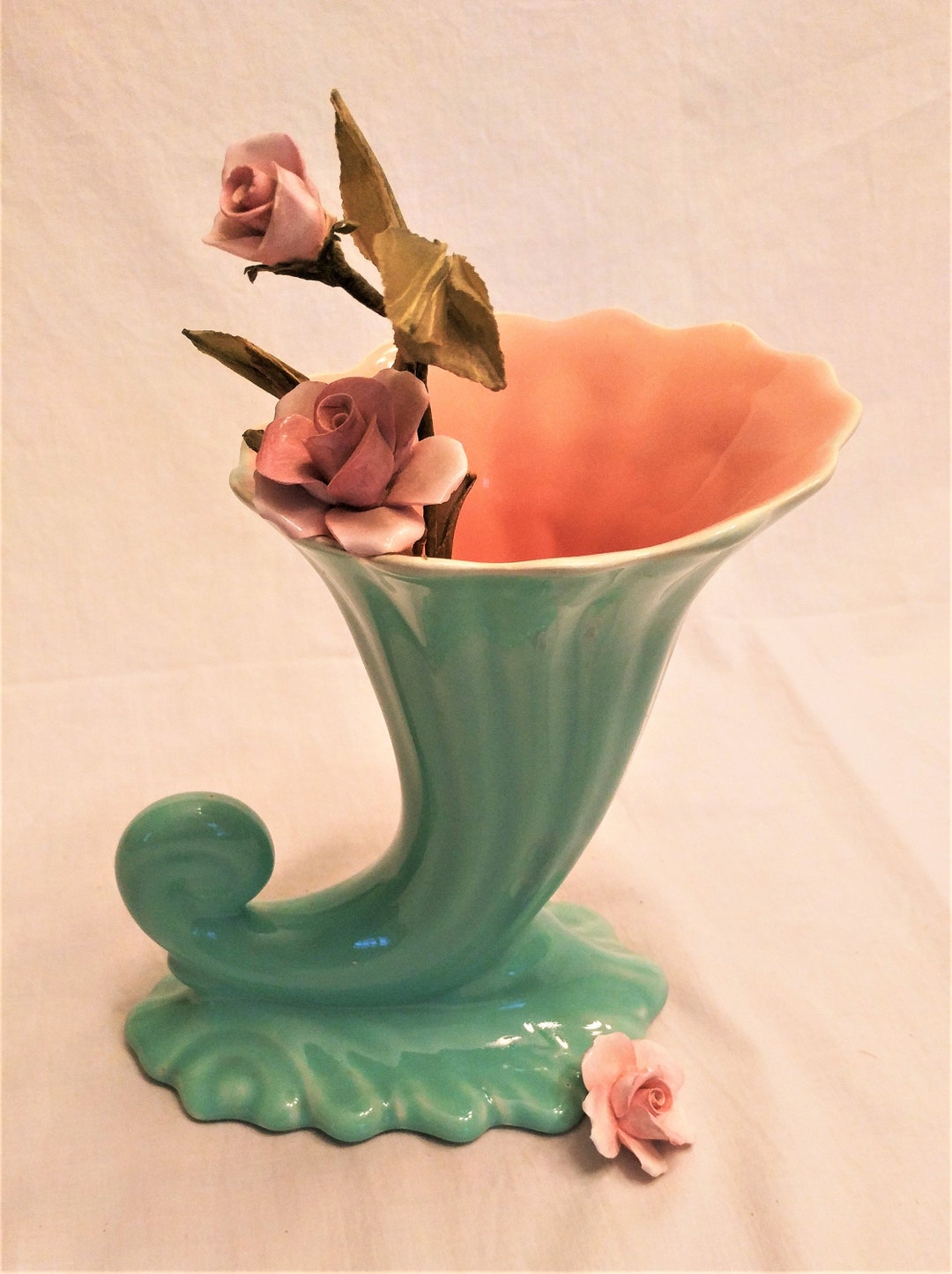 Shell Shape Vase Beautiful Turquoise and Pink Mid Century - Etsy