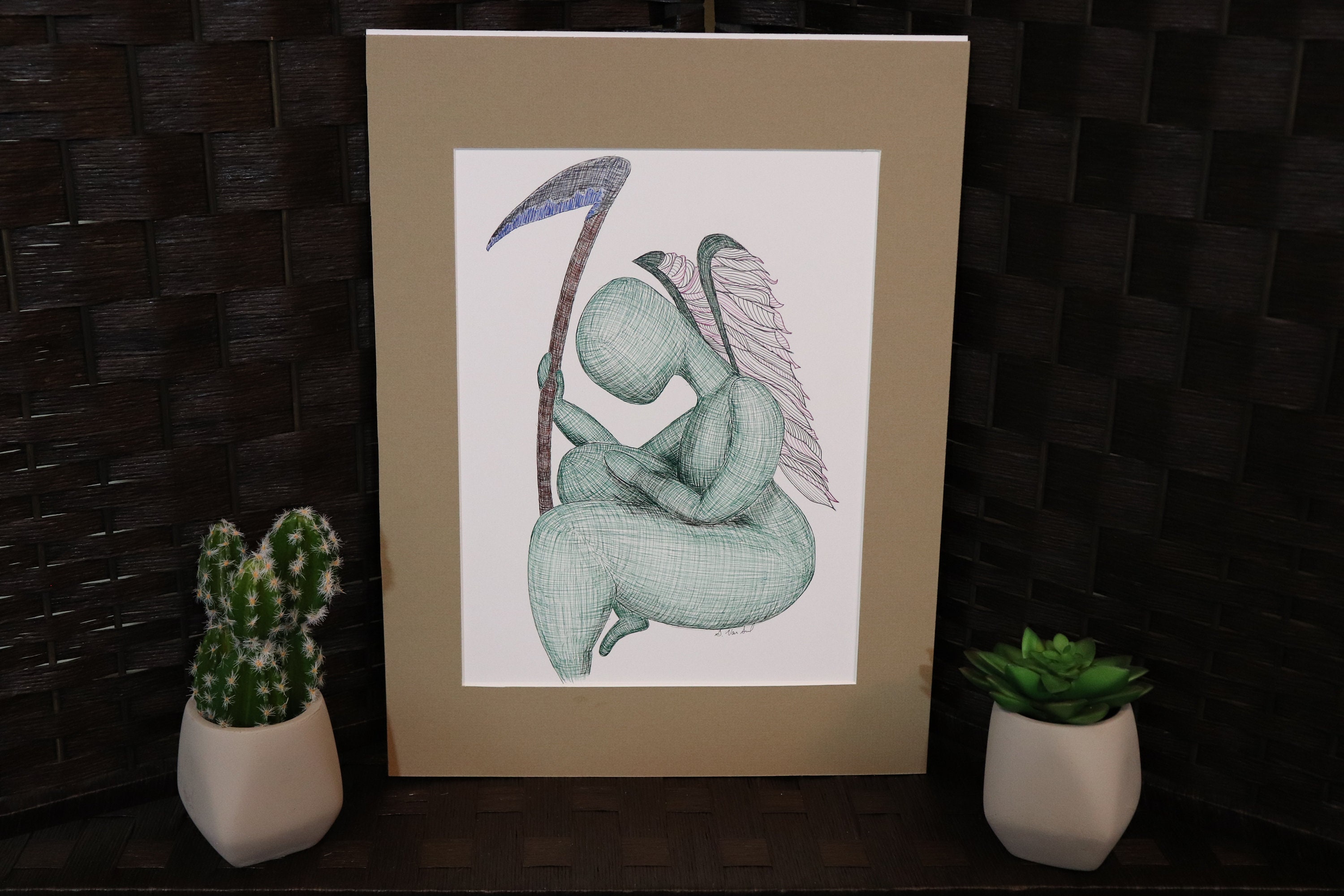 Hand Drawn Pen and Ink Wall Hanging Angel of Death Memento Mori Grim ...