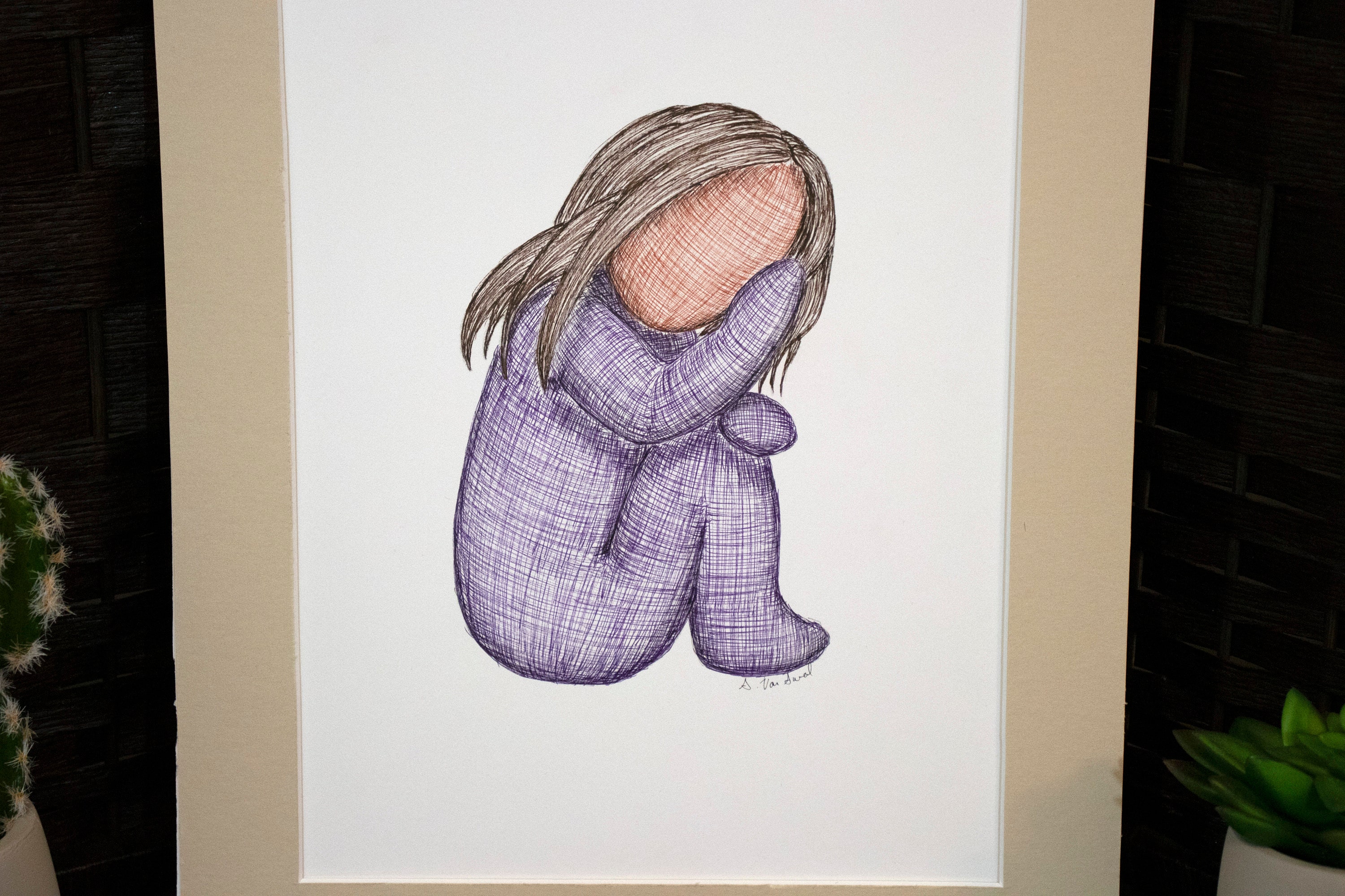 Hand Drawn Pen and Ink Wall Hanging Sad Girl Child a Moment - Etsy