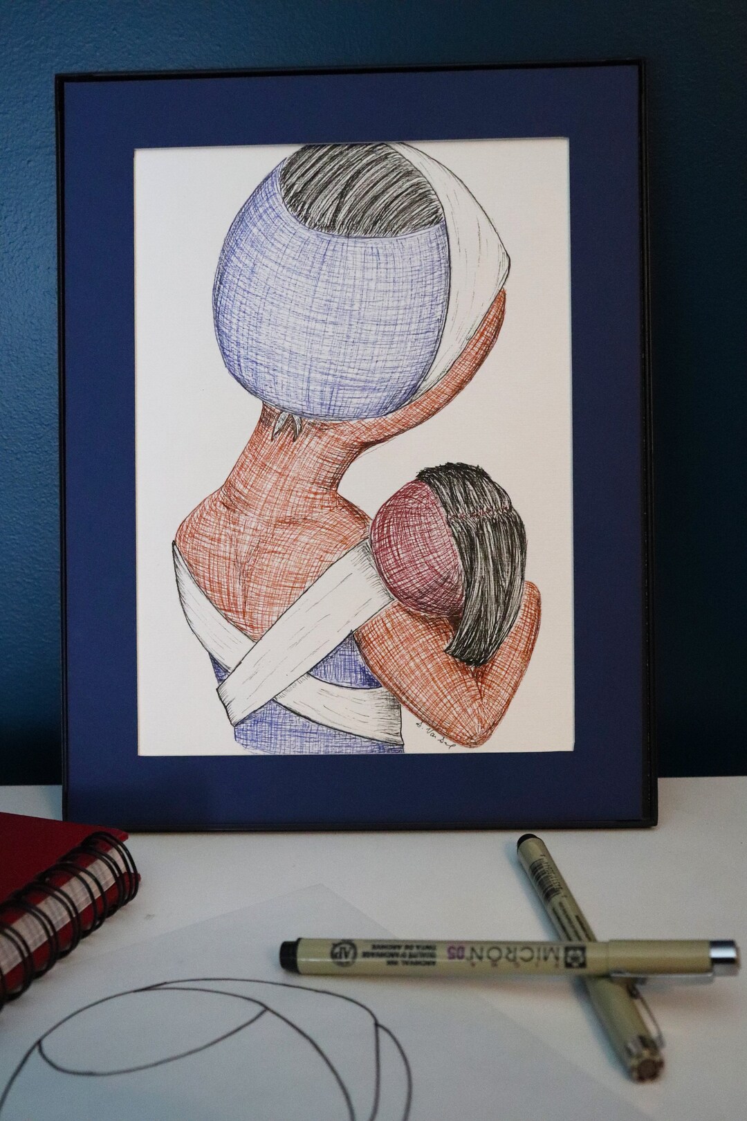 Hand Drawn Pen and Ink Wall Hanging Mother and Sleepy Child Nursery ...