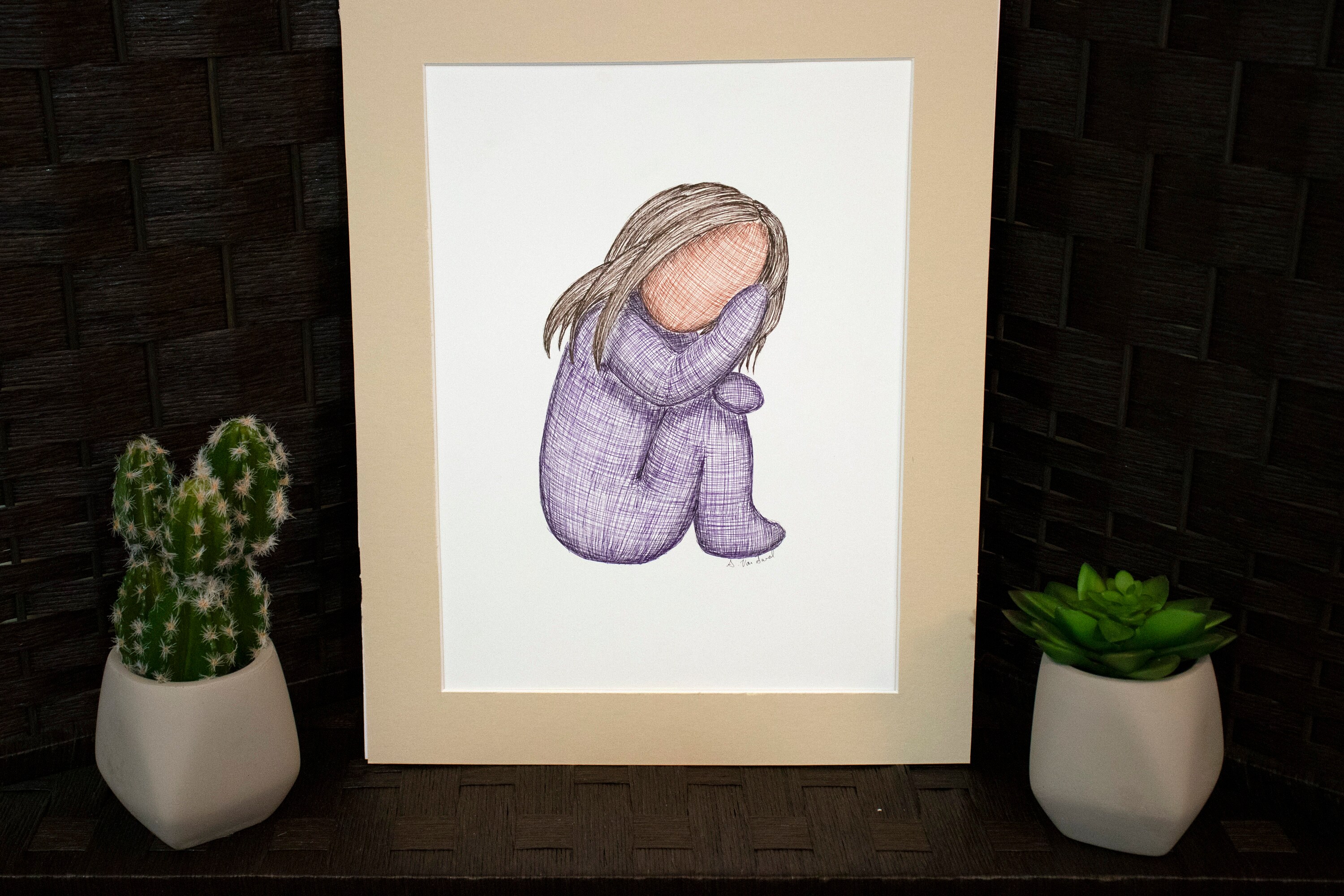Hand Drawn Pen and Ink Wall Hanging Sad Girl Child a Moment - Etsy