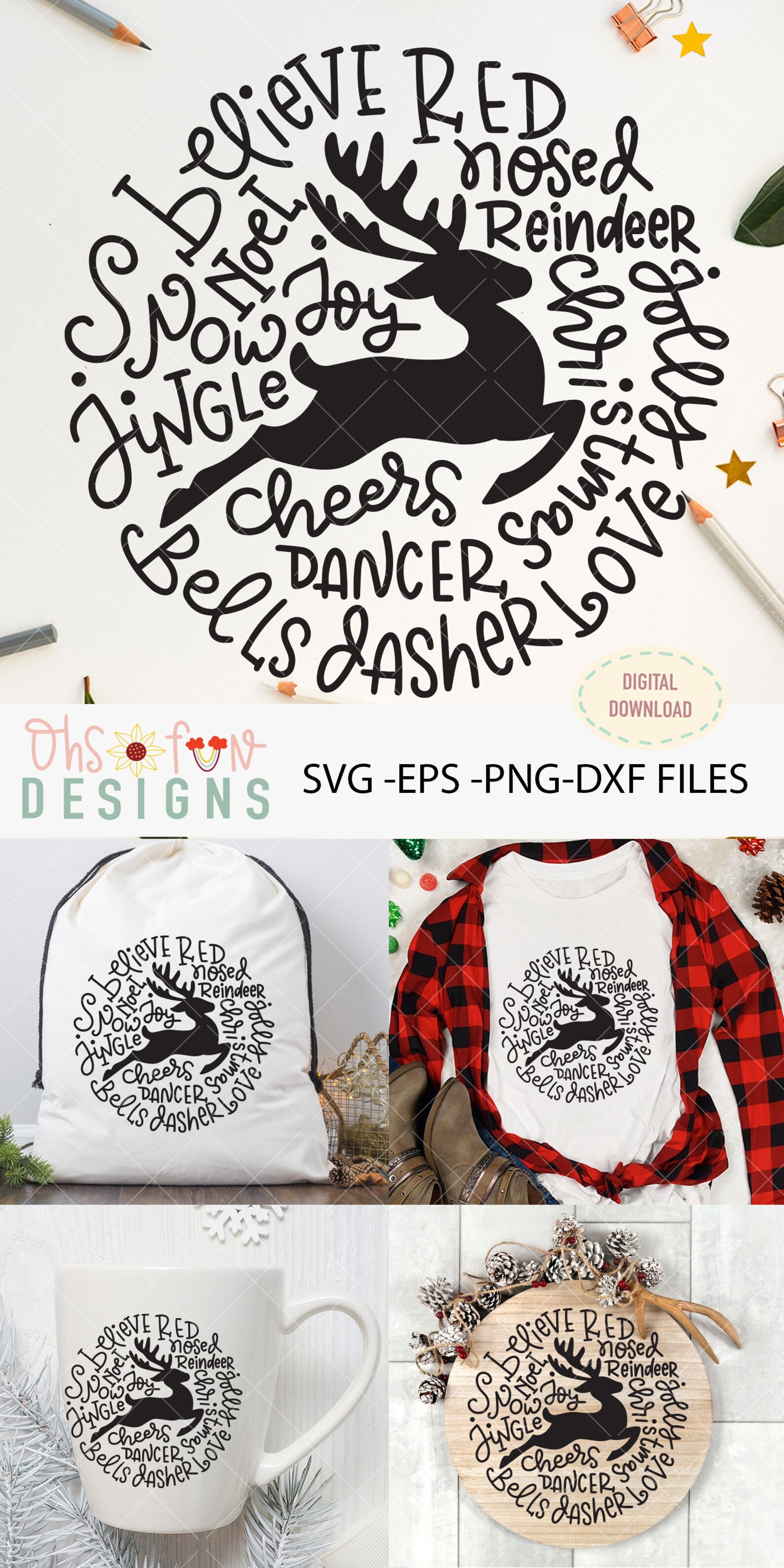 Red Nosed Reindeer Typography Svg Files DIGITAL DOWNLOAD | Etsy