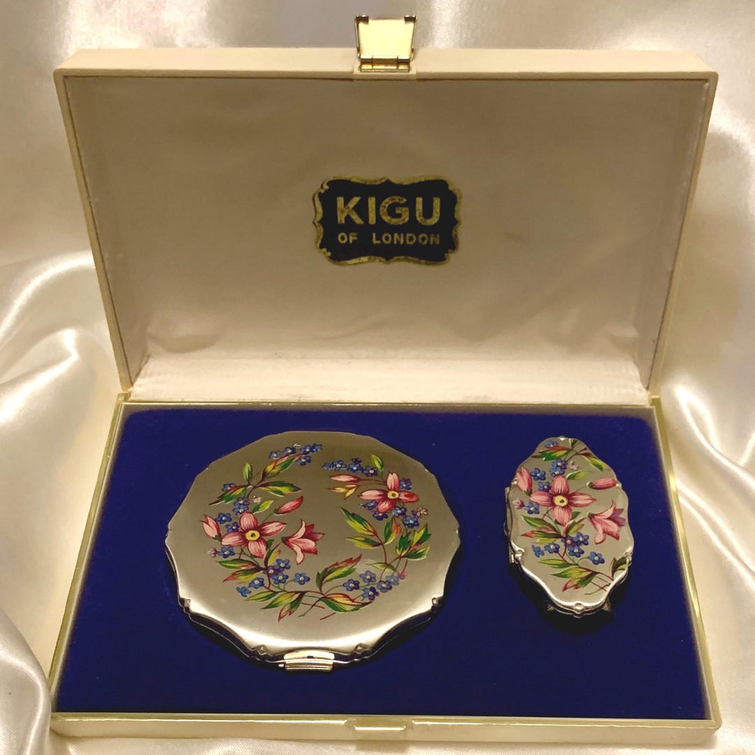 Kigu Compact Set. Dainty Pink Flowers. Silver Plated Powder Compact and ...