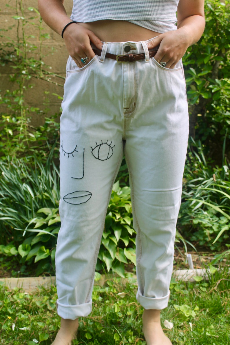 Embroidered Face Jeans - Etsy