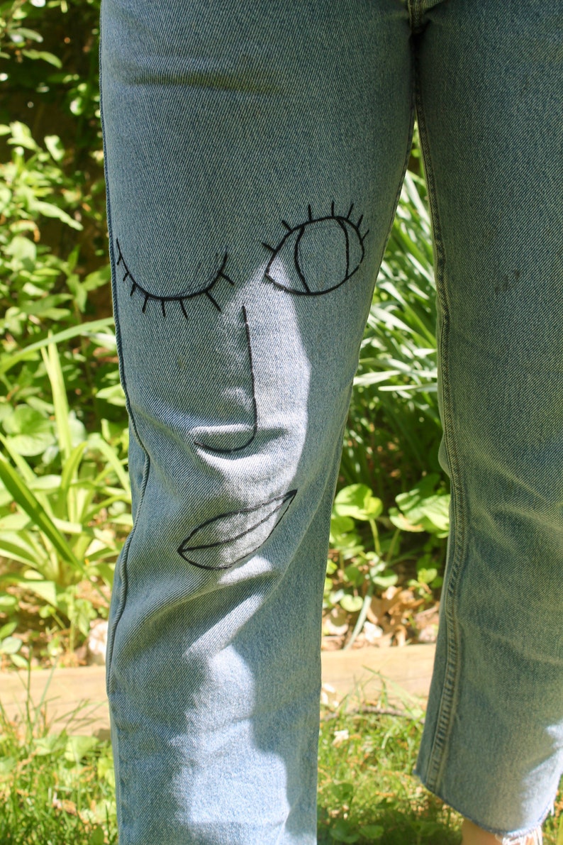 Embroidered Face Jeans - Etsy