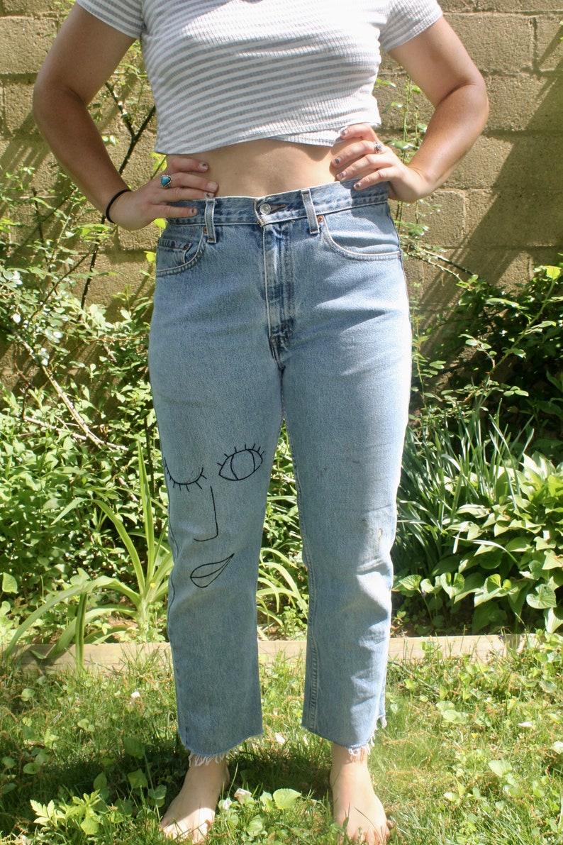 Embroidered Face Jeans - Etsy