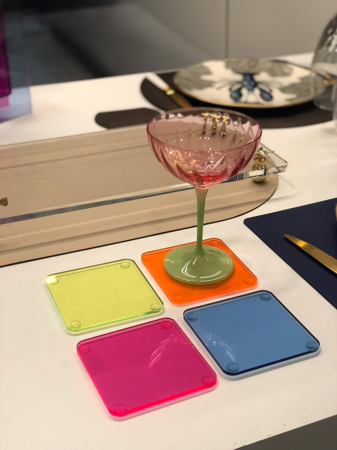 Set of 6 Clear Acrylic Color Coasters & Holder Handcrafted Drink ...