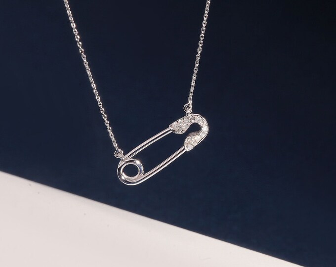 Diamond Safety Pin Necklace/ Safety Pin Pendant/ 14K White Gold Micro ...