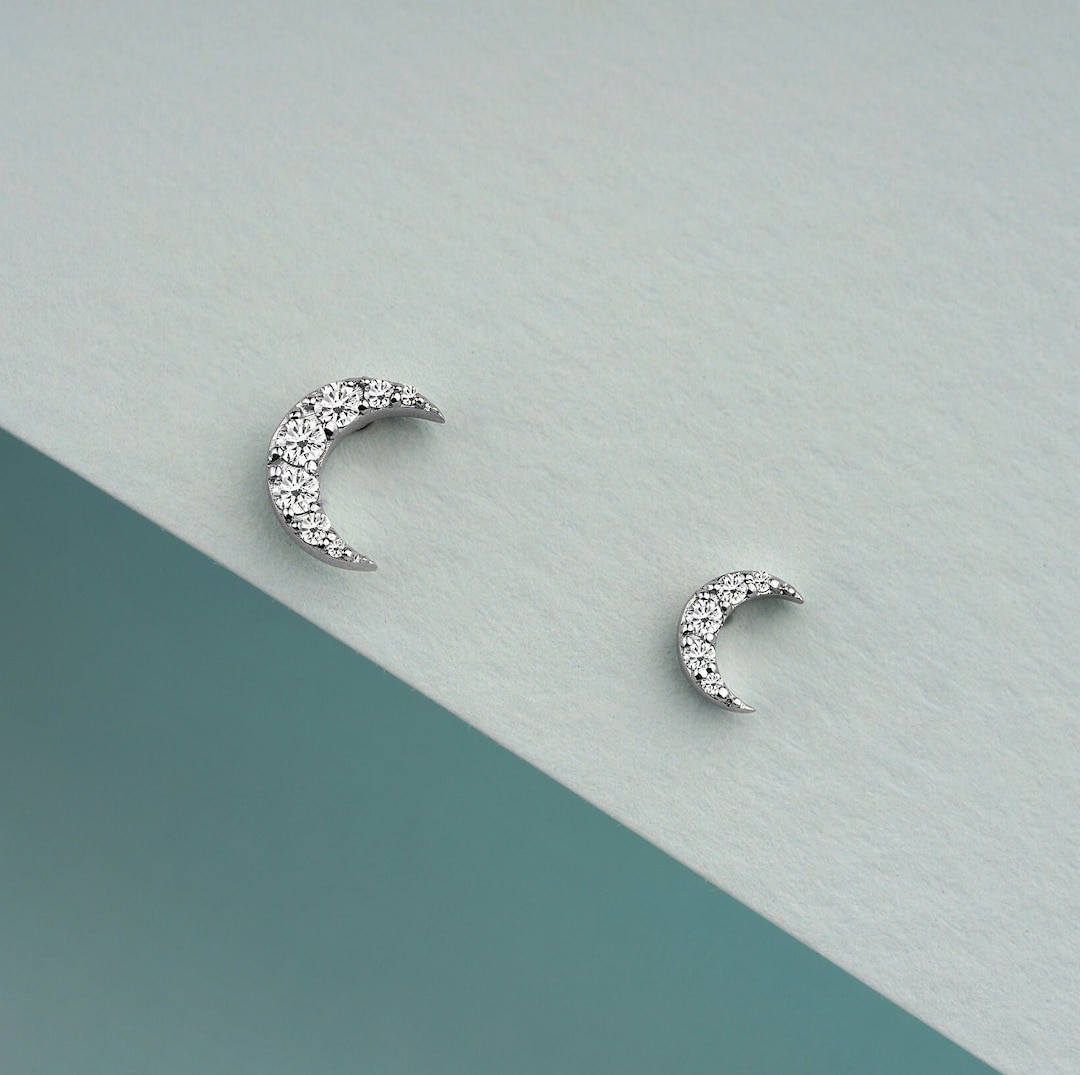 Diamond Stud Earrings/ Moon Shaped Earrings in 14K Gold / Crescent Moon ...