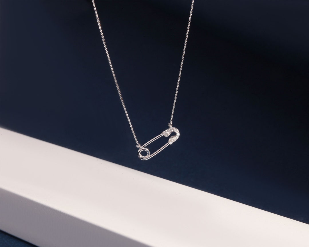 Diamond Safety Pin Necklace/ Safety Pin Pendant/ 14K White Gold Micro ...