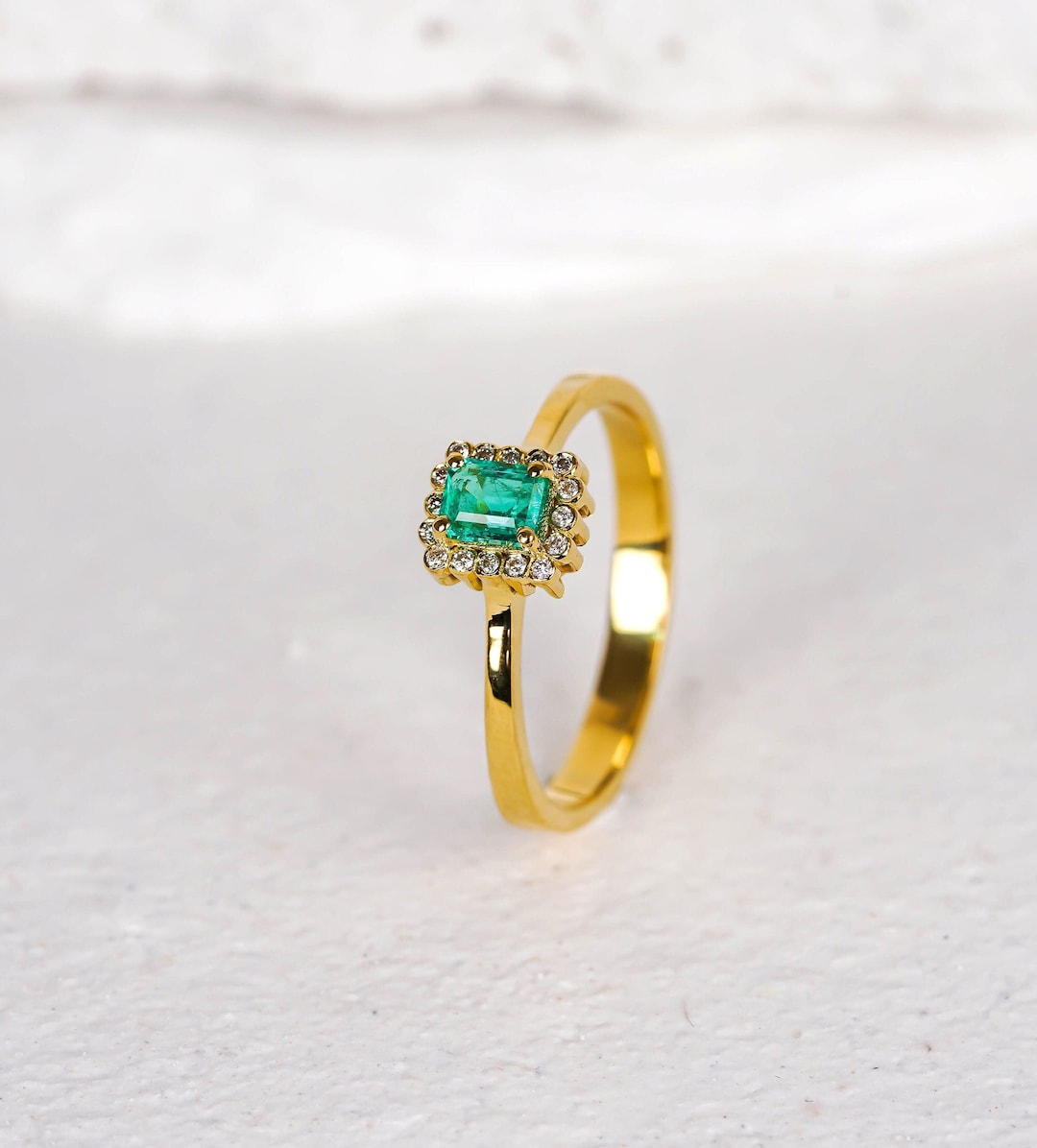 Rectangular Emerald Vintage Bezel Halo Ring/ Columbian Emerald With ...
