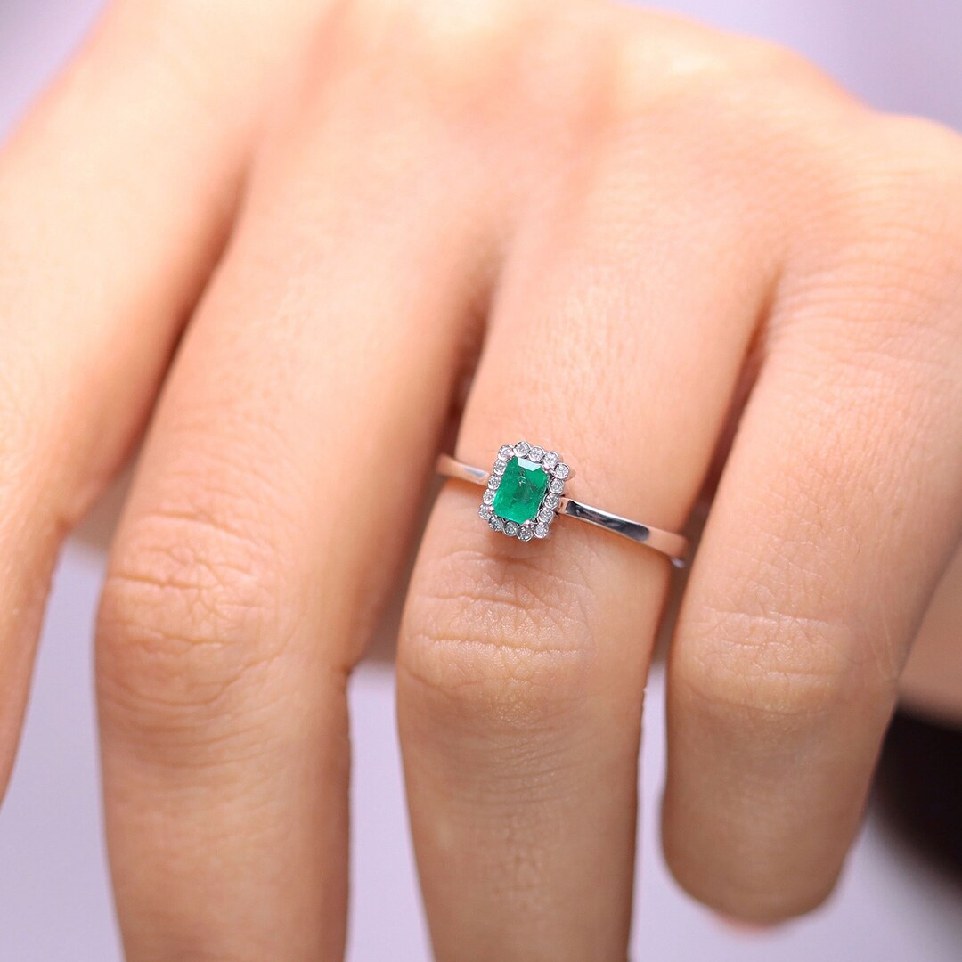 Rectangular Shape Emerald Halo Ring/ Emerald Cut Emerald Gemstone Ring ...