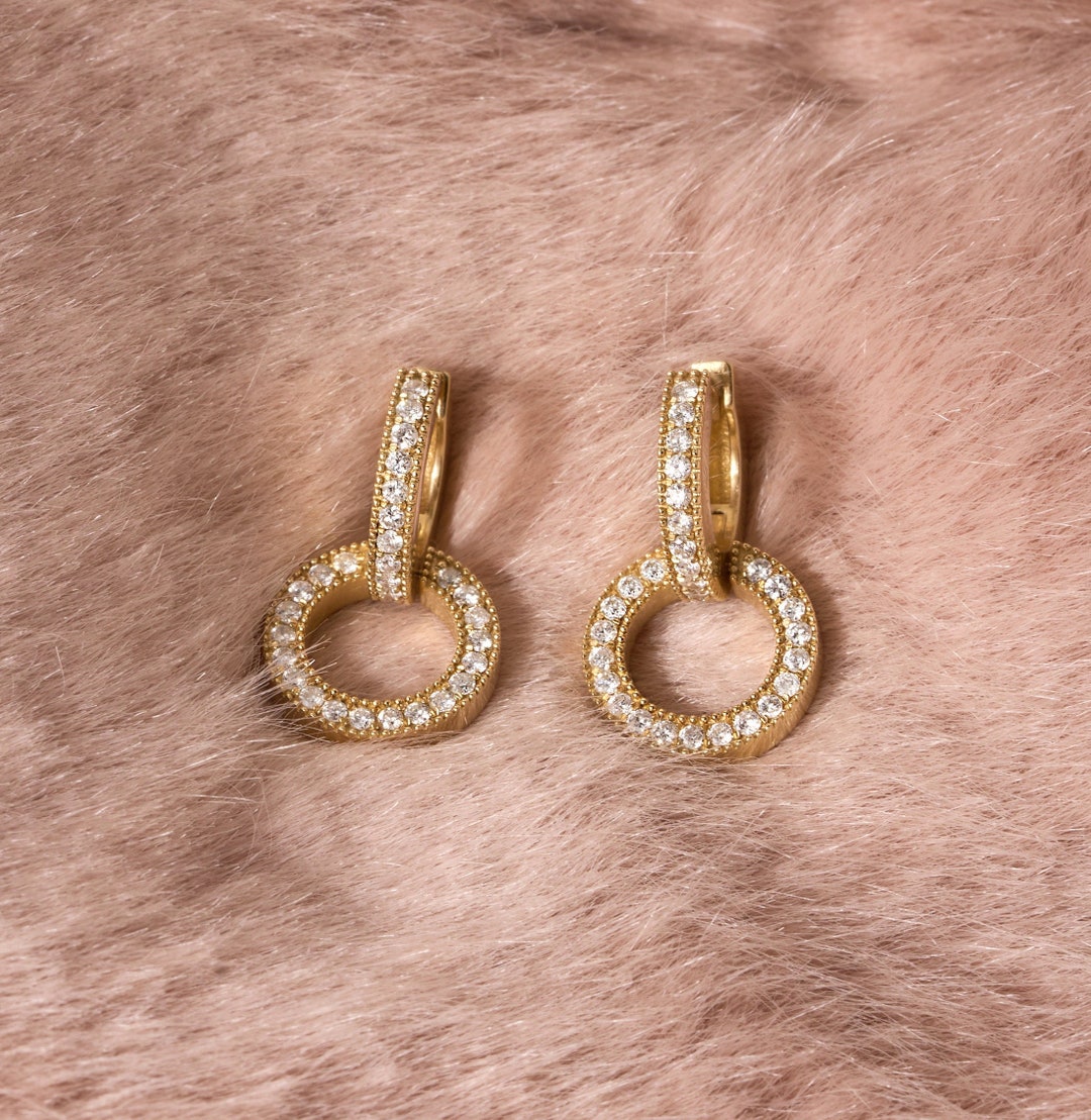 Unique Diamond Hoop Earrings/ Circle Diamond Drop Earrings/ 14K Solid ...
