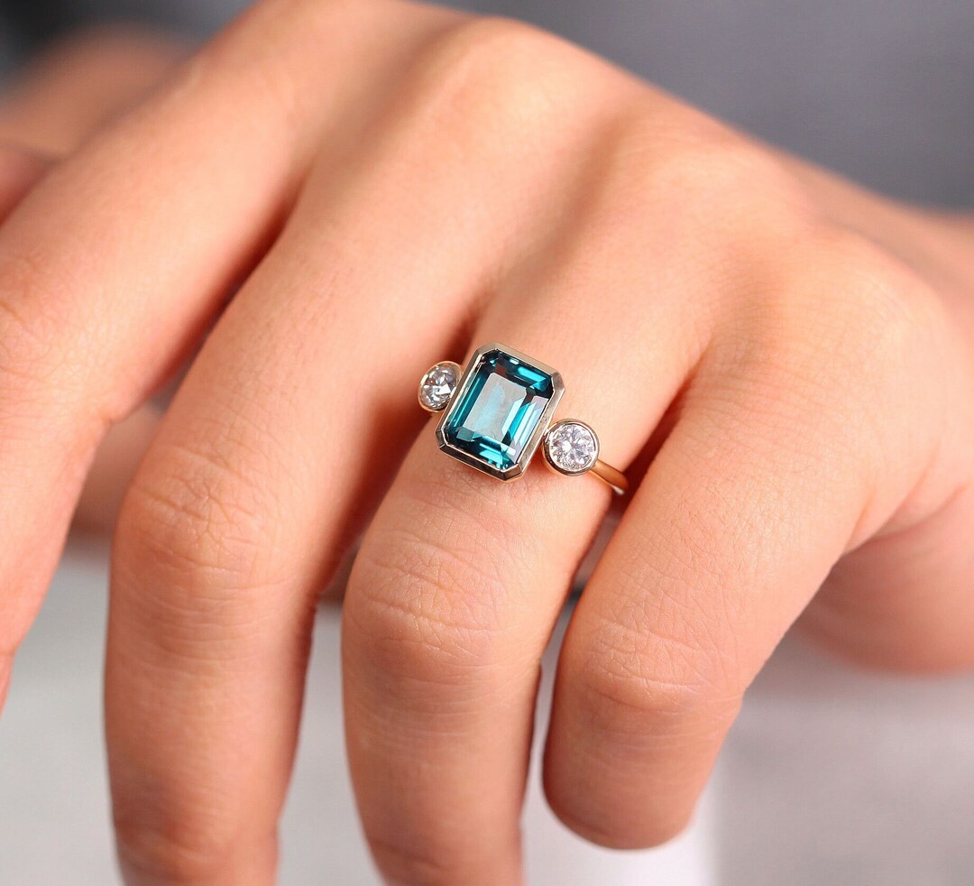 London Blue Topaz Ring With Diamonds in 14K Gold/ Emerald Cut Blue ...