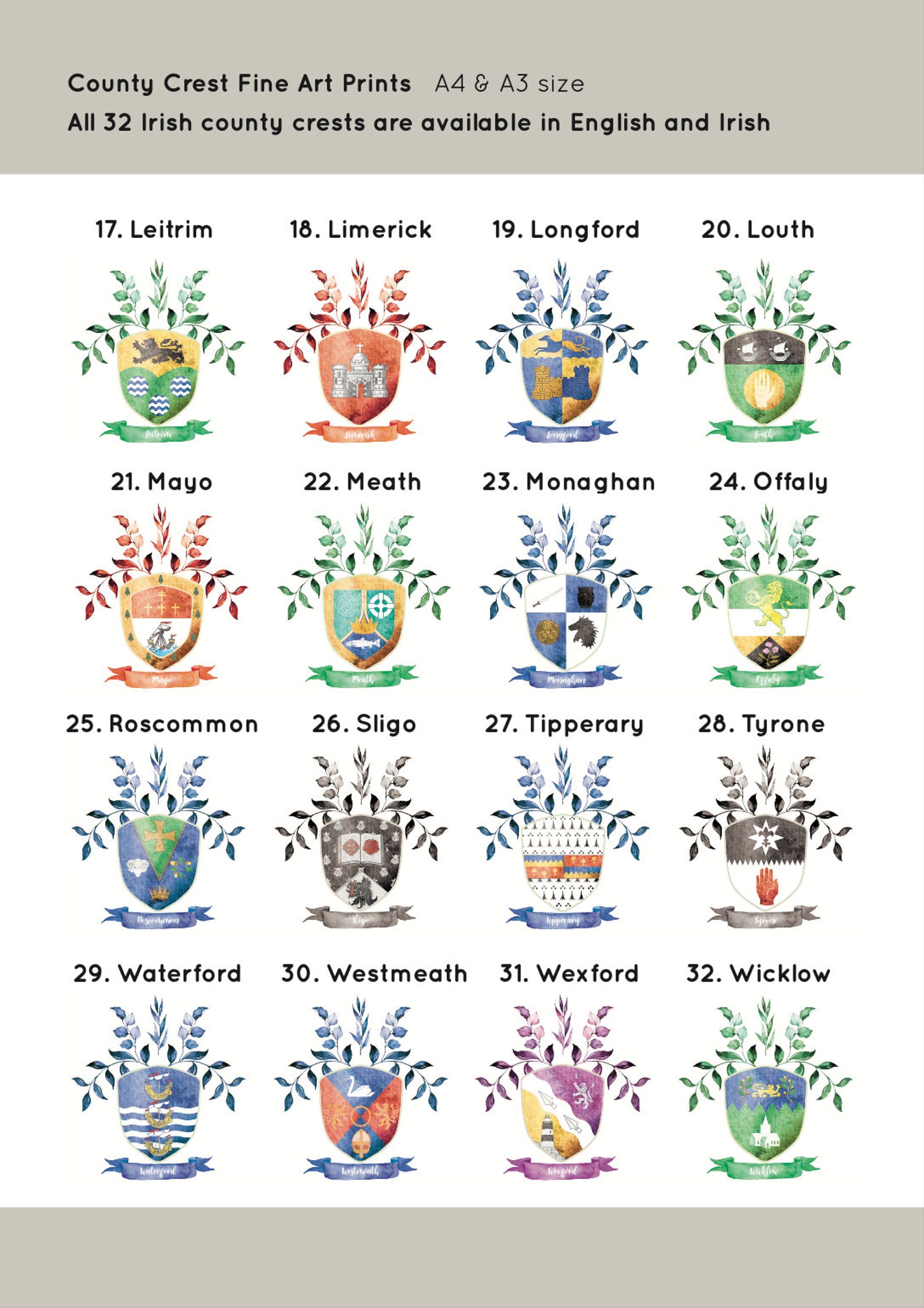 32 Irish County Coat of Arms County Crest Family Crest - Etsy